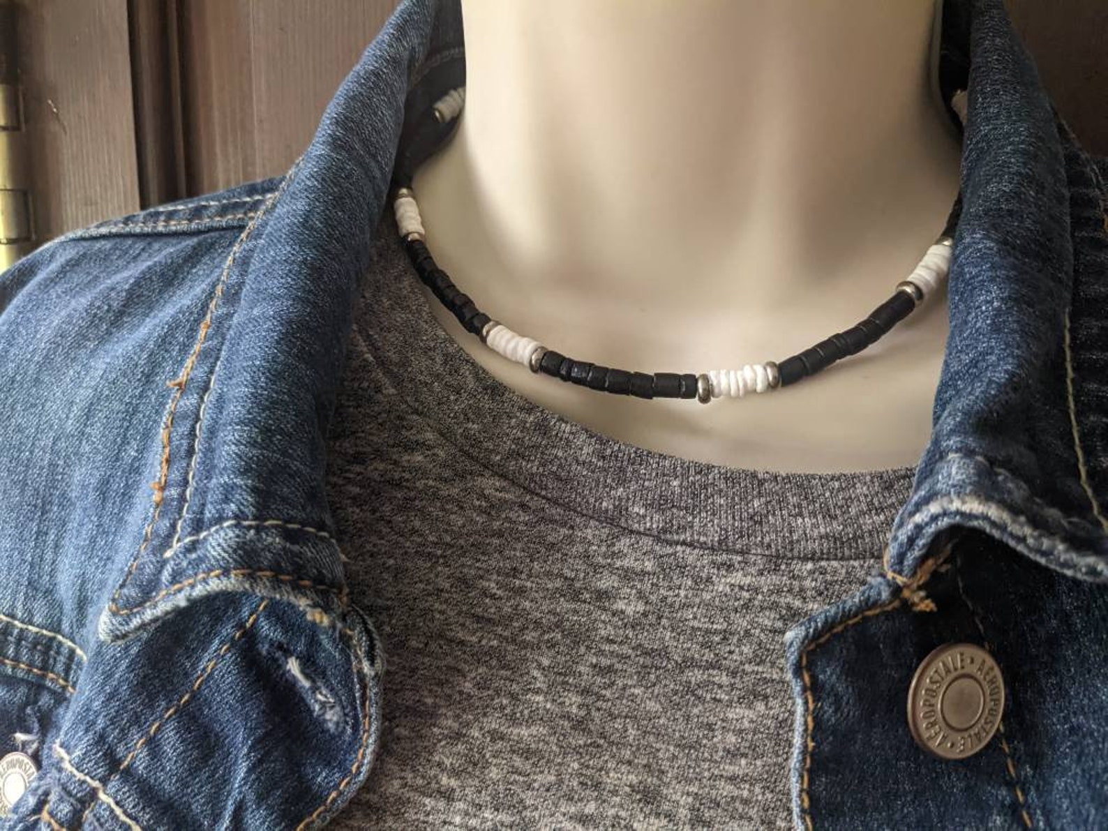 Mens Necklace Black and White Puka, Beaded Necklace, Puka Shell, Surfer ...