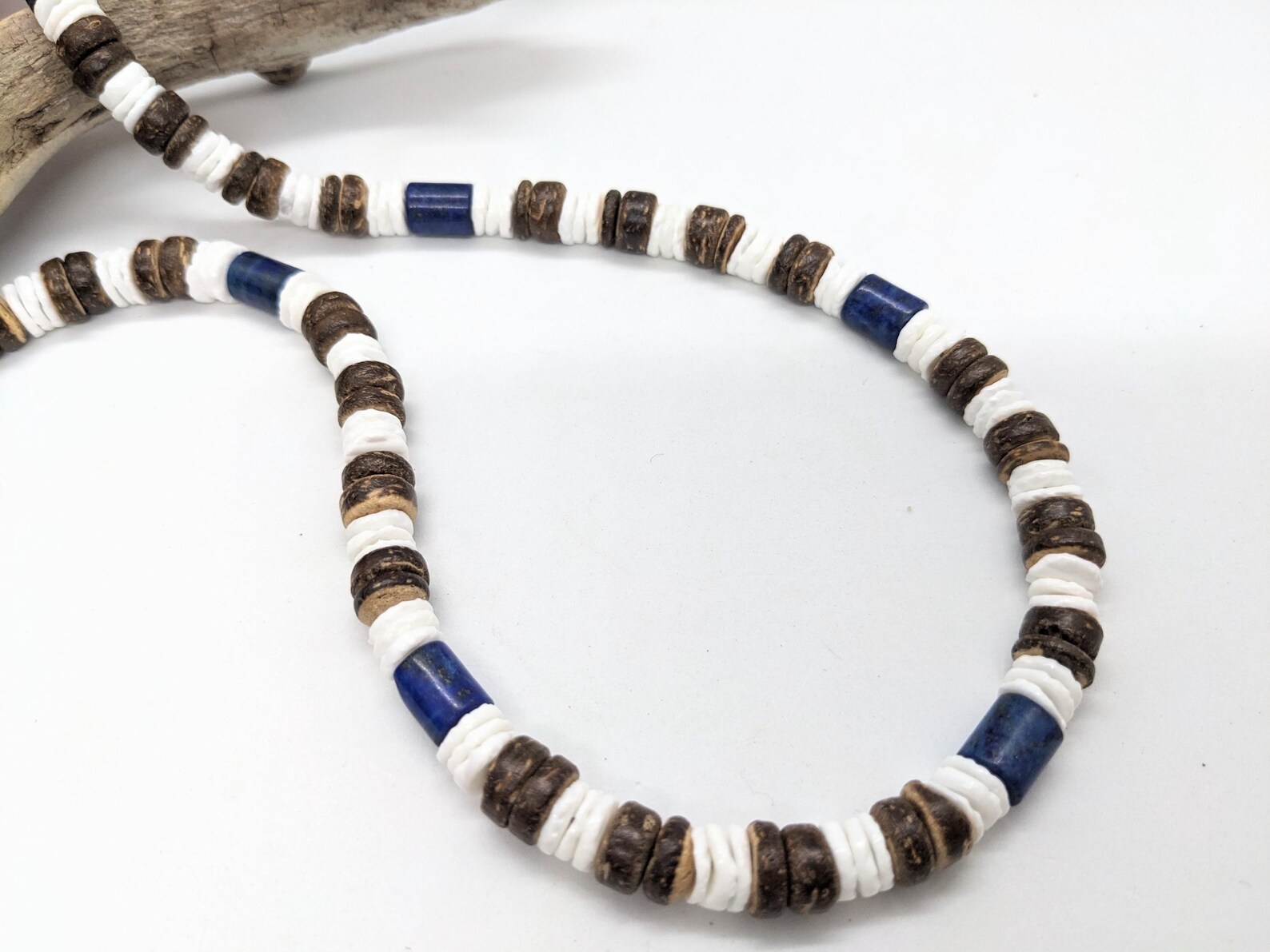 White Puka Shell Surf Necklace, Mens Surfer Style, Blue Lapis Stone in ...