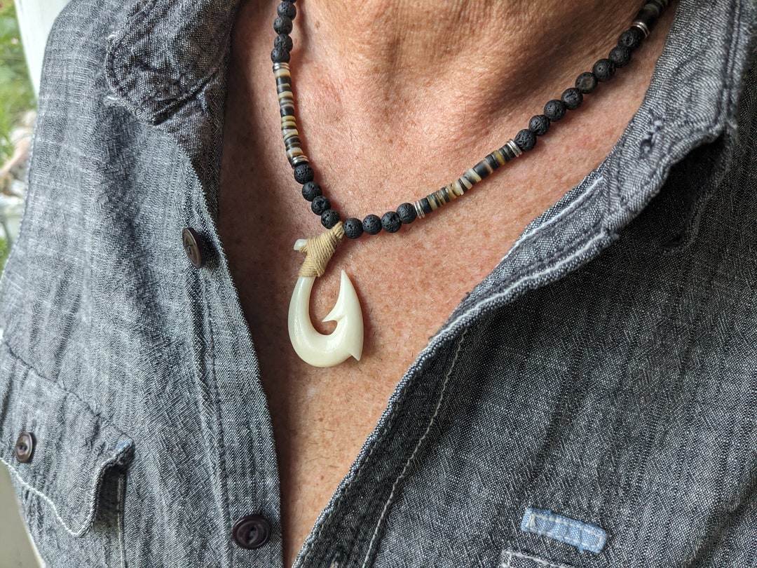 Mens Hawaiian Fish Hook Necklace, With Lava and Shell, Makau Necklace ...