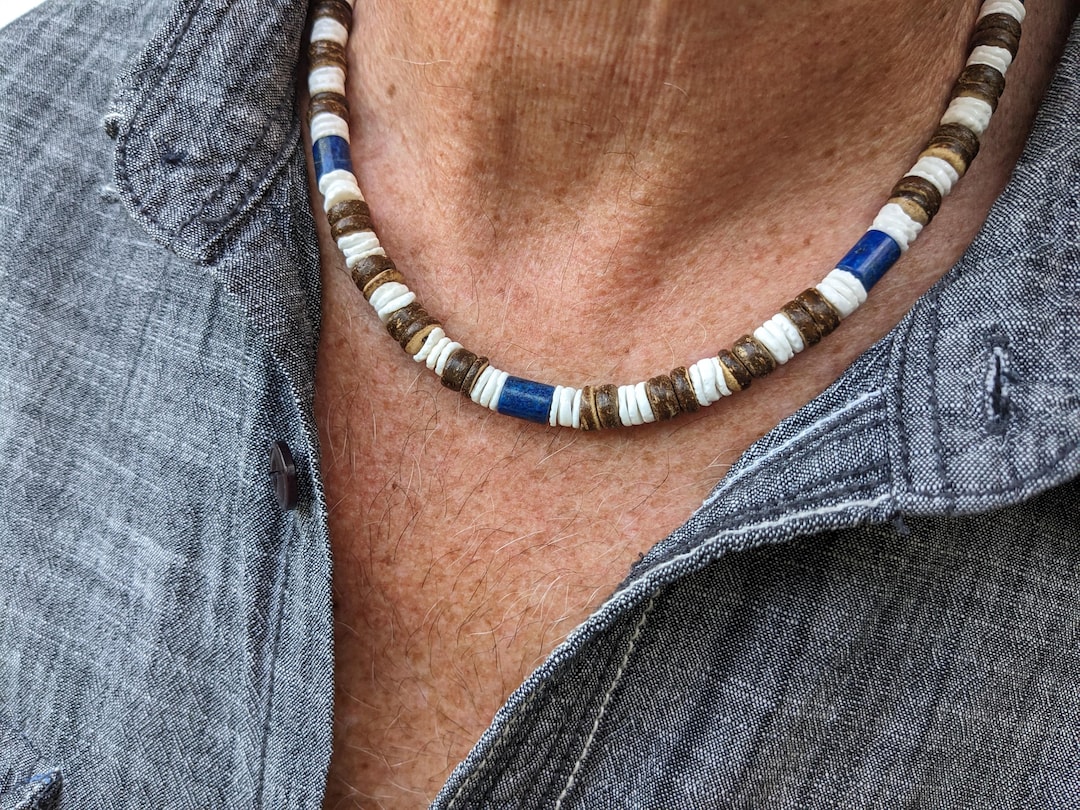 White Puka Shell Surf Necklace, Mens Surfer Style, Blue Lapis Stone in ...