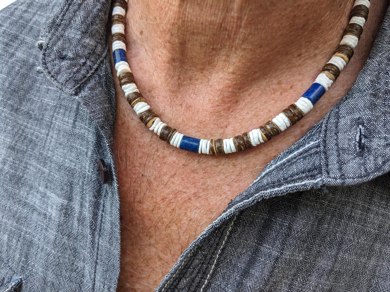 White Puka Shell Surf Necklace, Mens Surfer Style, Blue Lapis Stone in ...