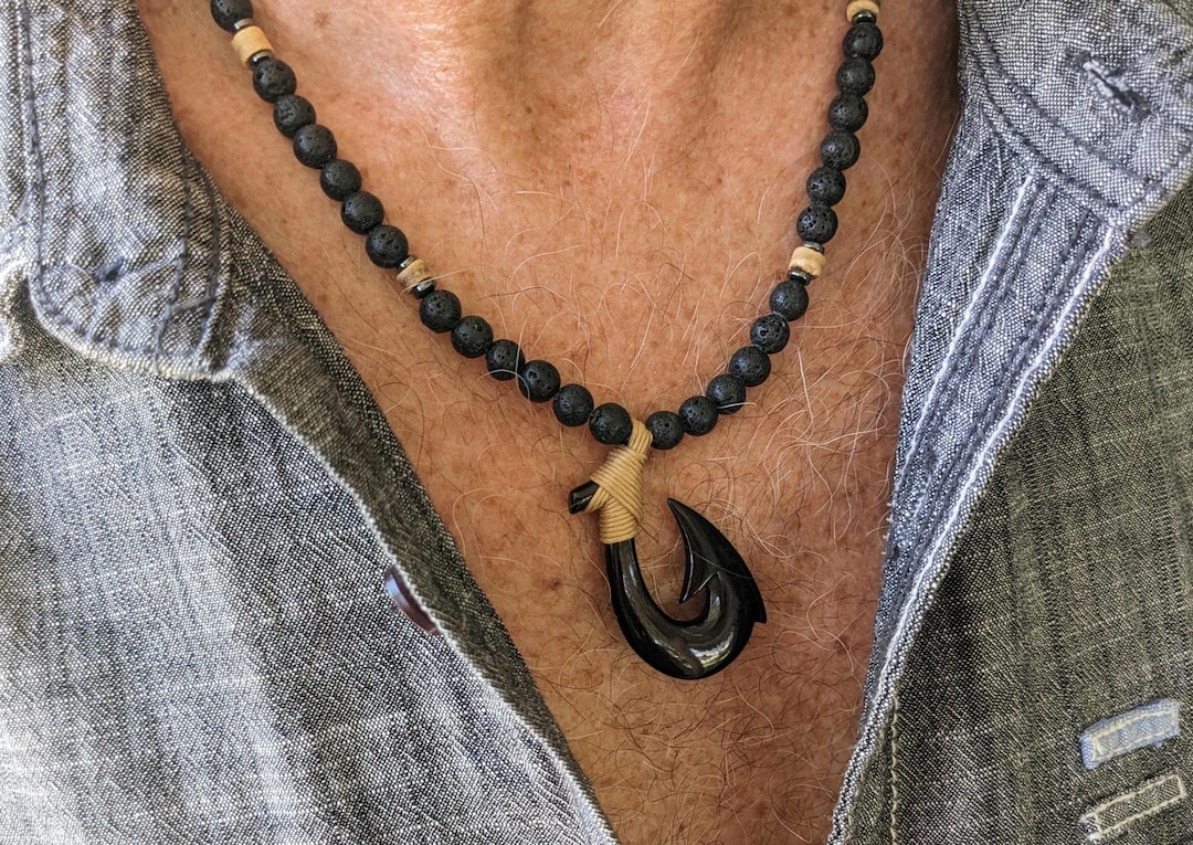 Maui Style Fish Hook Necklace, Black Bone, Black Lava, Hand Beaded on ...