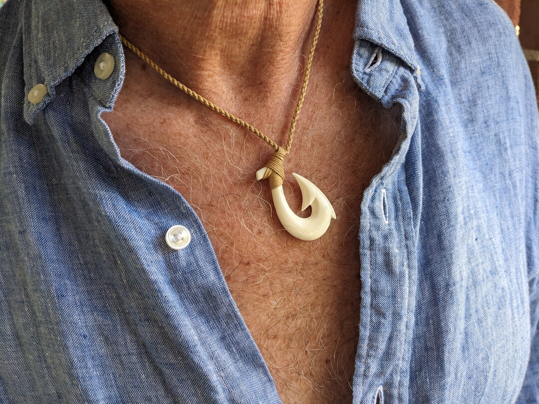 Mens Hawaiian Fish Hook Necklace, Adjustable Hemp With White Bone Makau ...