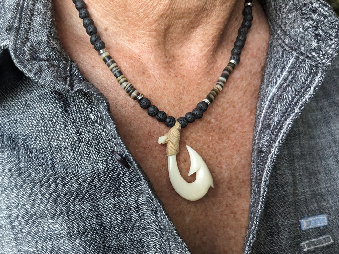 Mens Hawaiian Fish Hook Necklace, With Lava and Shell, Makau Necklace ...