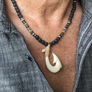 Mens Hawaiian Fish Hook Necklace, With Lava and Shell, Makau Necklace ...
