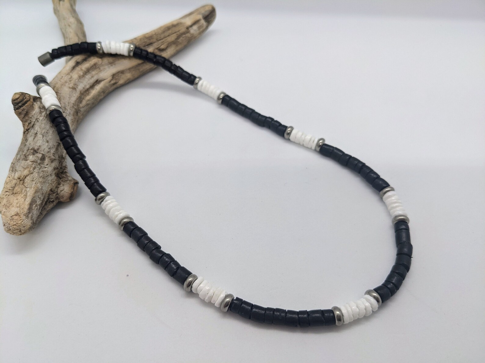 Mens Necklace Black and White Puka, Beaded Necklace, Puka Shell, Surfer ...