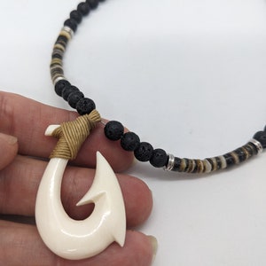 Mens Hawaiian Fish Hook Necklace, With Lava and Shell, Makau Necklace for Man, Surfer Style ...