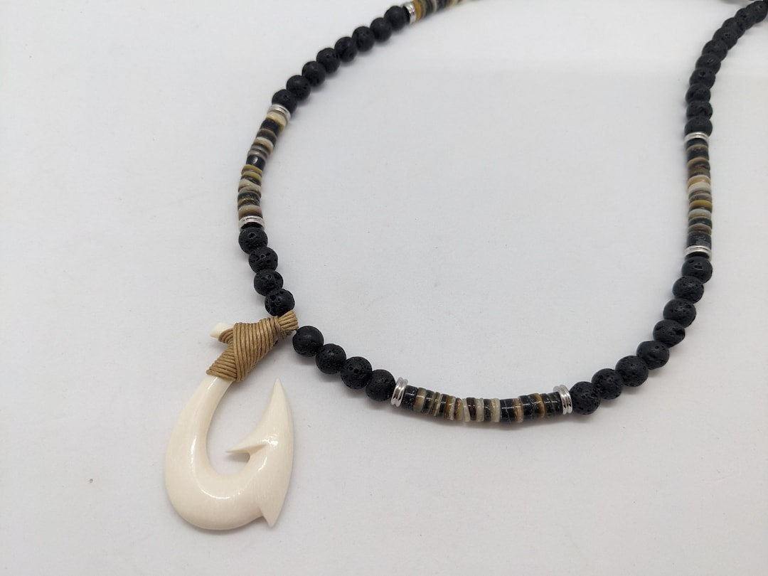 Mens Hawaiian Fish Hook Necklace, With Lava and Shell, Makau Necklace ...