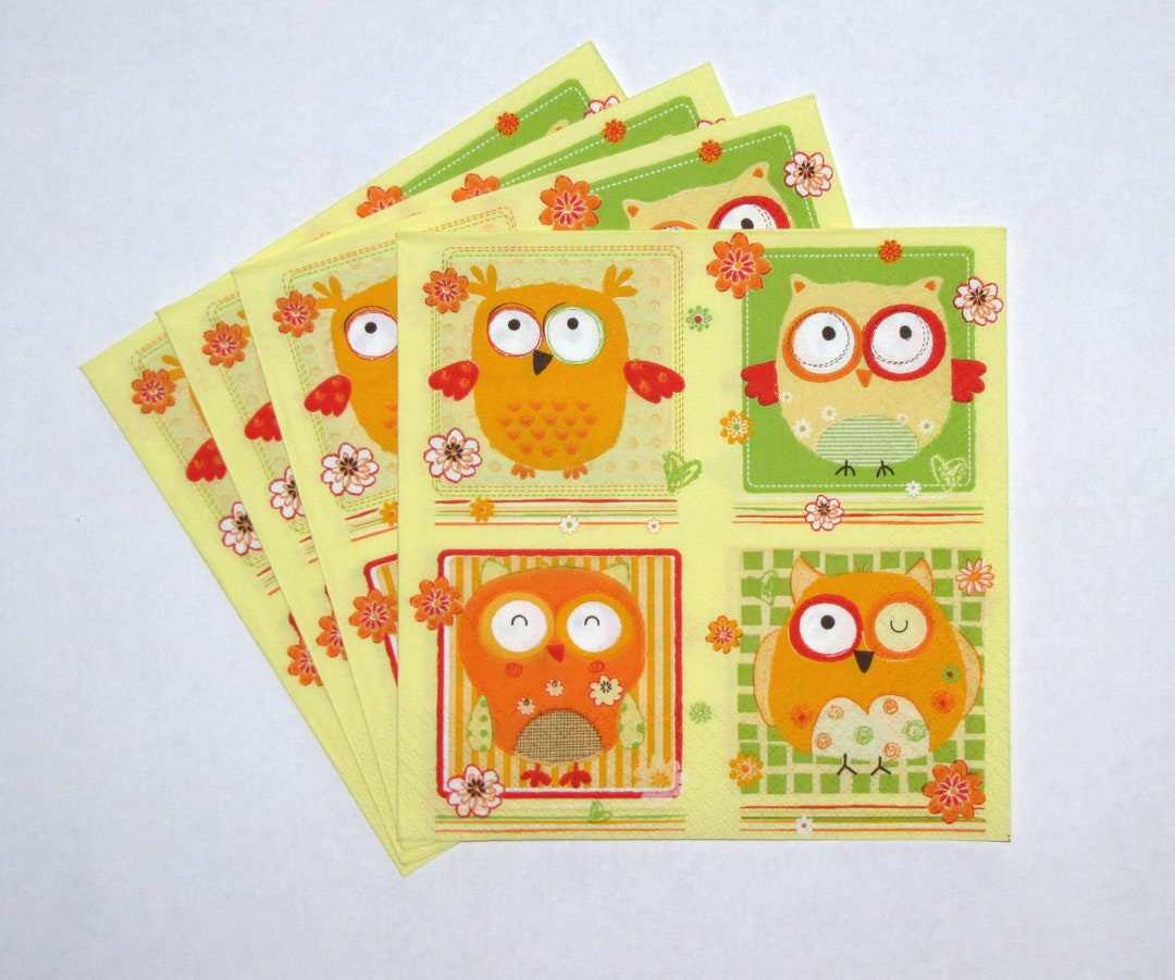 4 Decoupage Napkins, Cartoon Owls, Craft Paper Kids Style Birds Owls ...