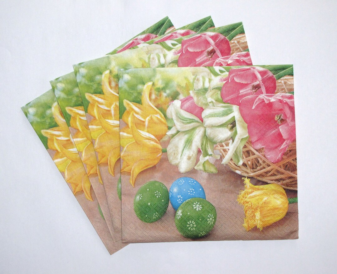 4 Decoupage Paper Napkins, Craft Paper Easter Tulips, Easter Eggs, 3ply ...