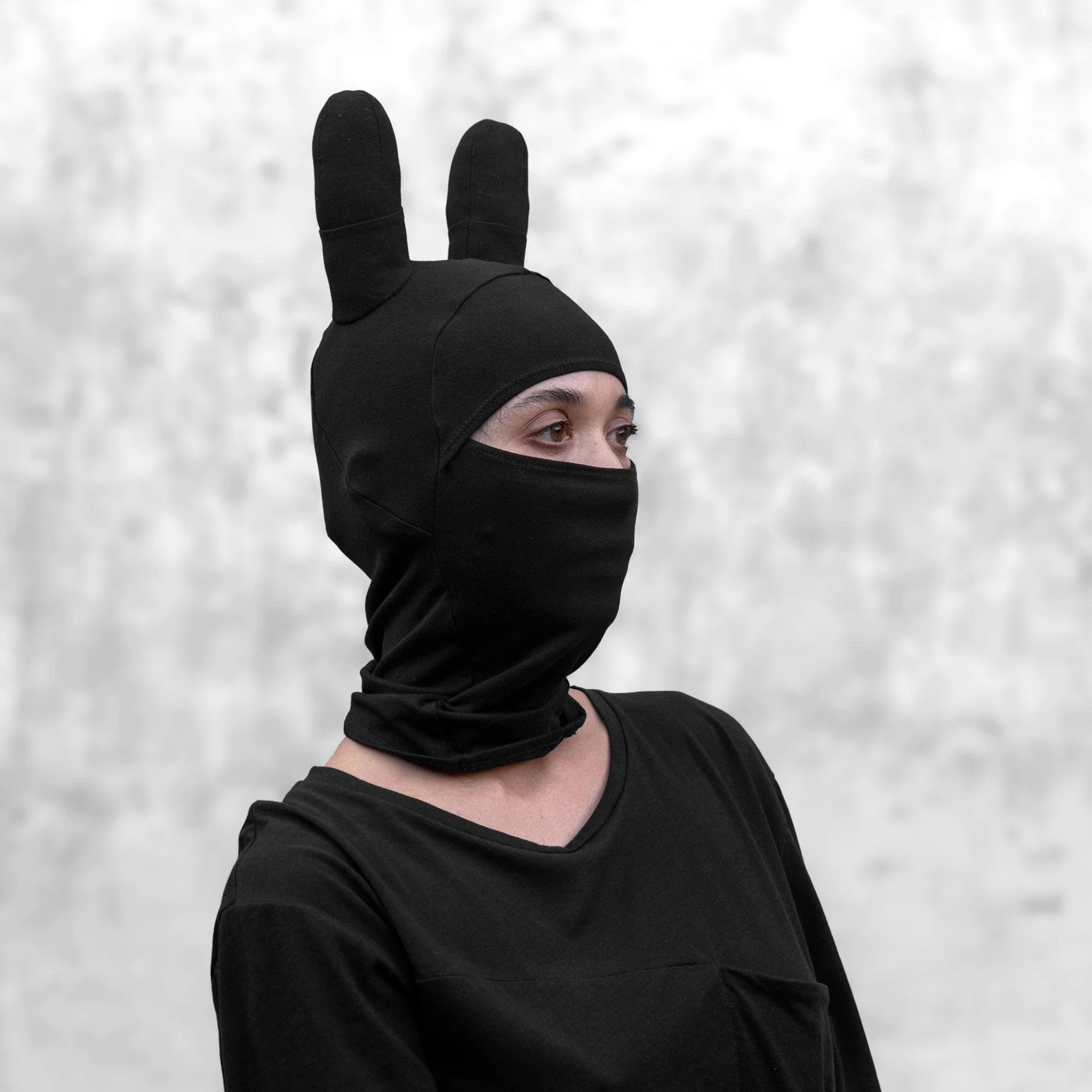 Black Cotton Spandex Balaclava – Bunny Ear Creature Mask - SNEAK MASK ...