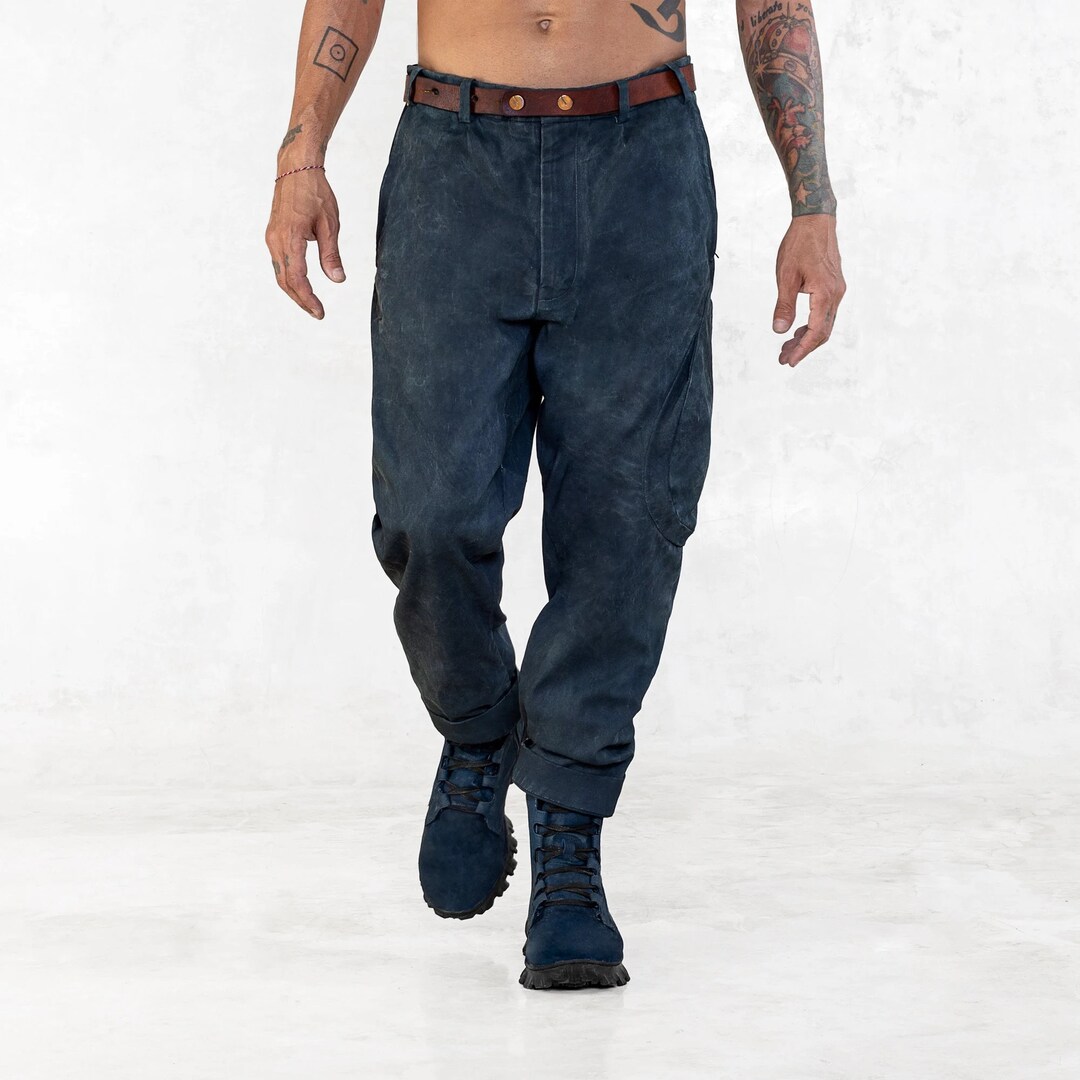 Men's GIBBOUS MOON Pants-indigo Blue Twill Cotton hand Painted ...