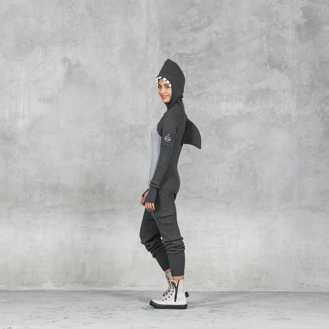 SHARK ONESIE SUIT -gray Shark Costume for Men & Women -knit Fish Pjs W ...