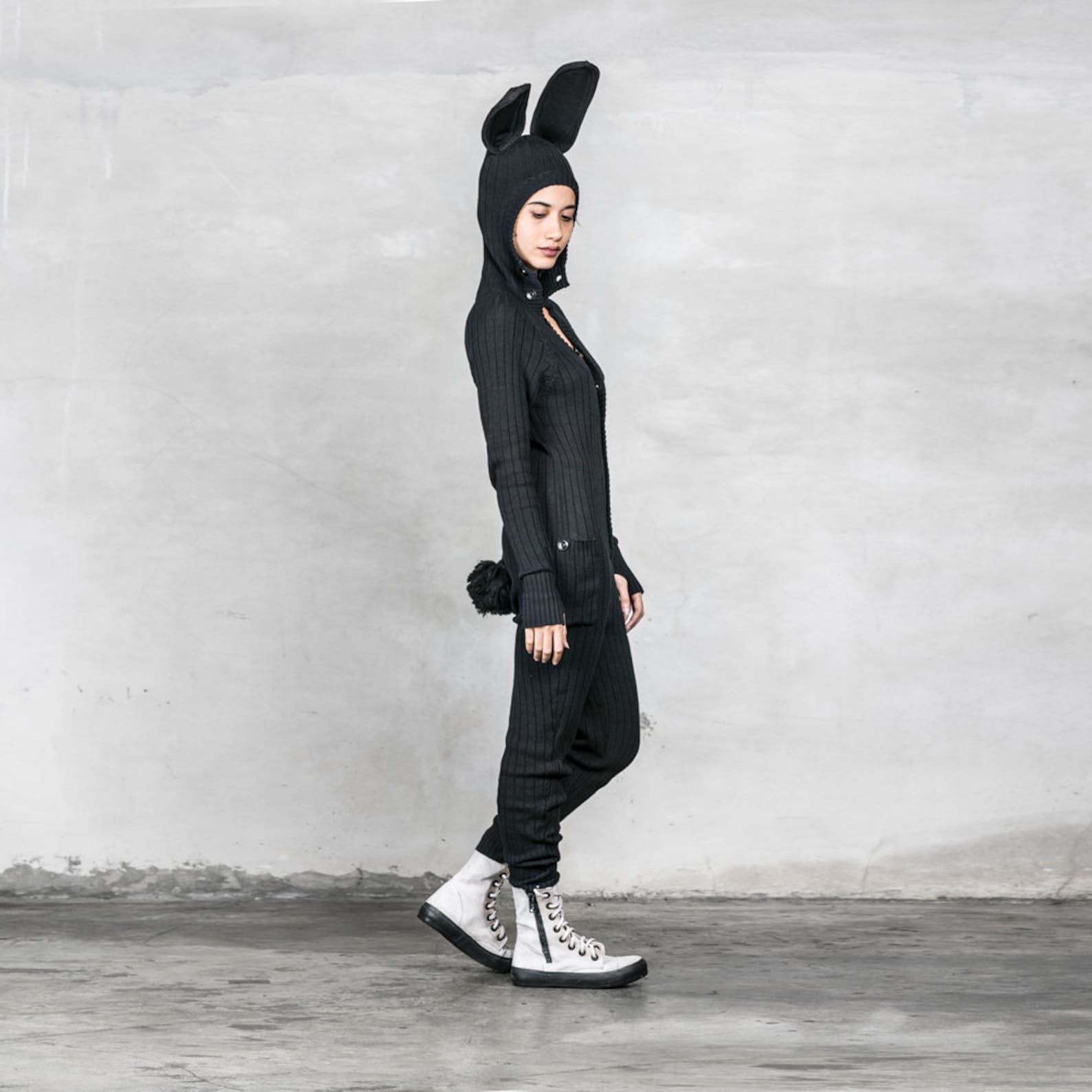 Black Bunny Costume: Handmade Cotton Knit Animal Jumpsuit With Fluffy ...