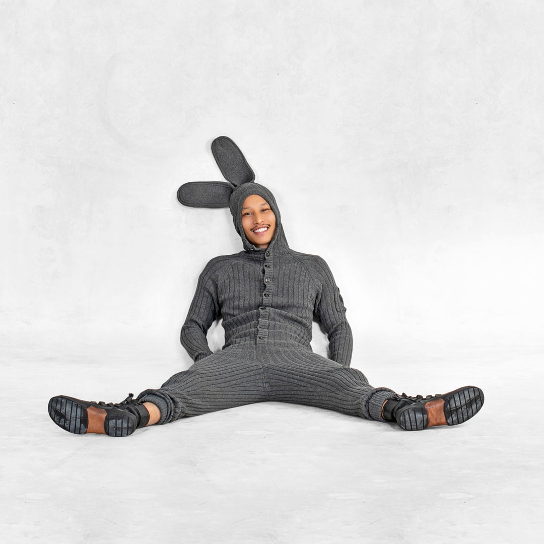 GRAY BUNNY Onesie - Cozy Rabbit Unisex Jumpsuit - Bendable Bunny Ears ...