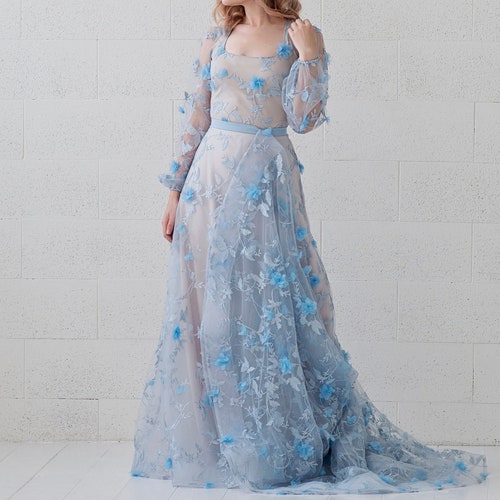 Azura Blue Wedding Dress / Unique Bridal Gown / 3D Floral - Etsy