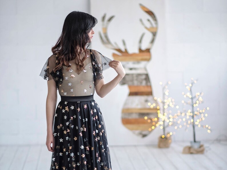 Tamsin - Sheer Bodysuit With Flutter Sleeves / Sequin Stars Top / Black ...