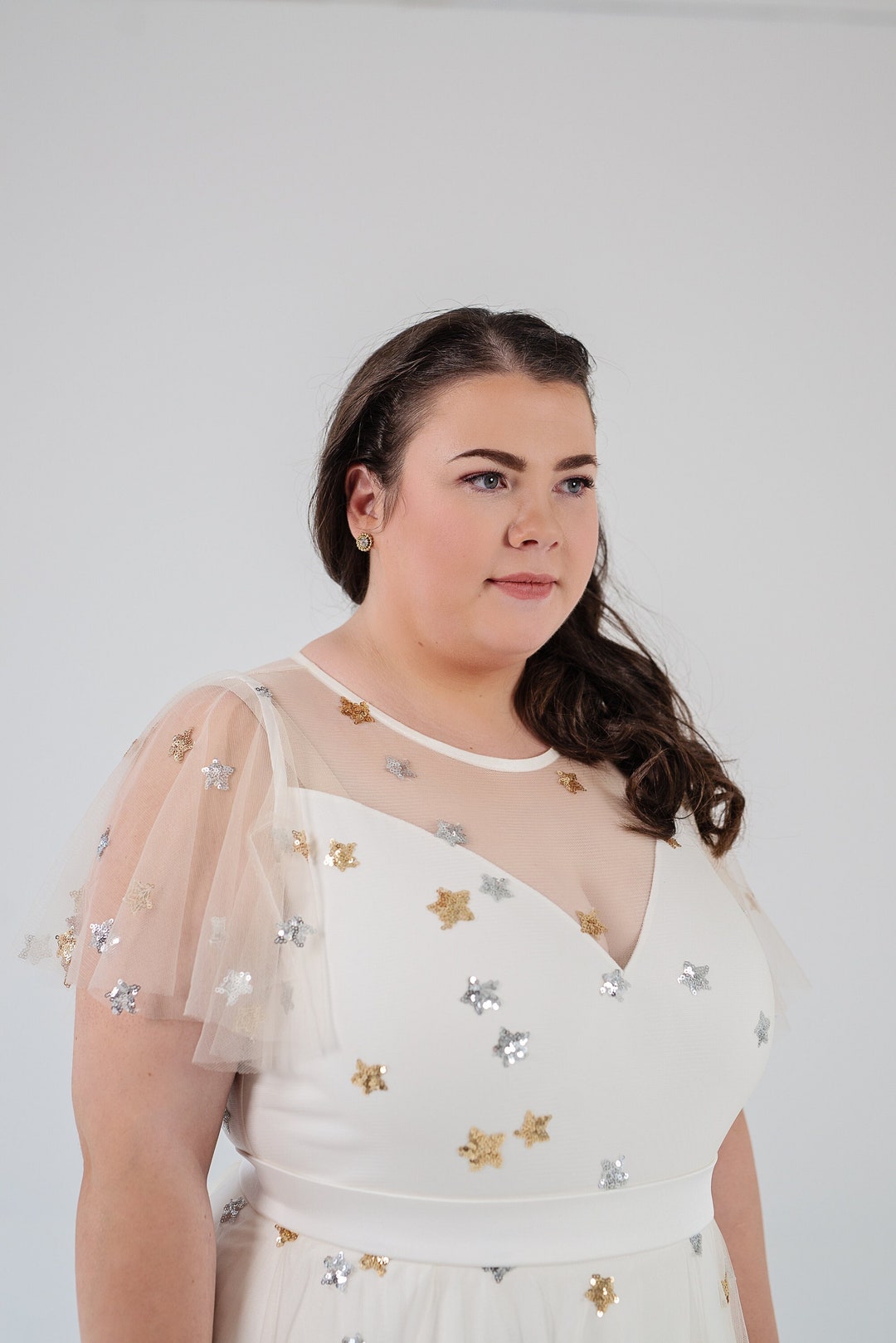 Tamsin - Sheer Bodysuit With Flutter Sleeves / Sequin Stars Top / Black ...