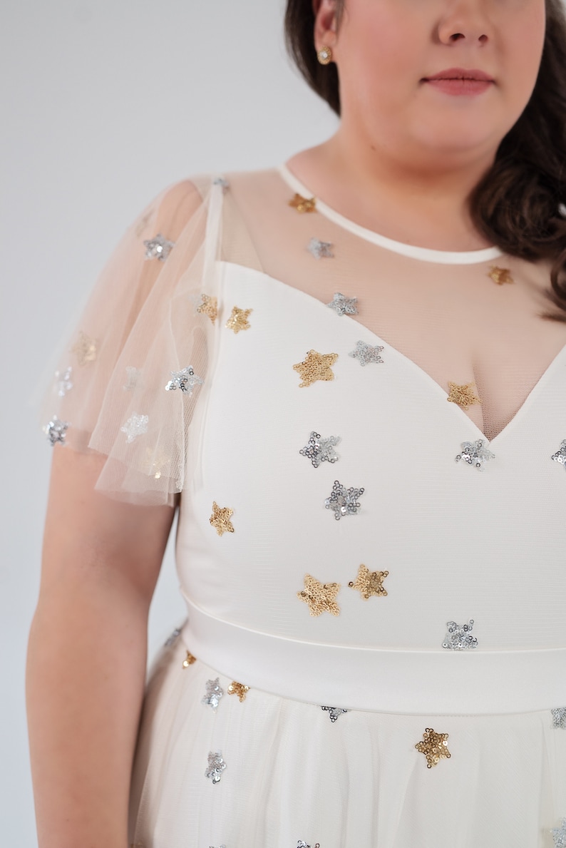 Tamsin - Sheer Bodysuit With Flutter Sleeves / Sequin Stars Top / Black ...
