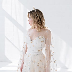 Estelle - Celestial Bridal Bodysuit With Cape Sleeves / Silver and Gold ...