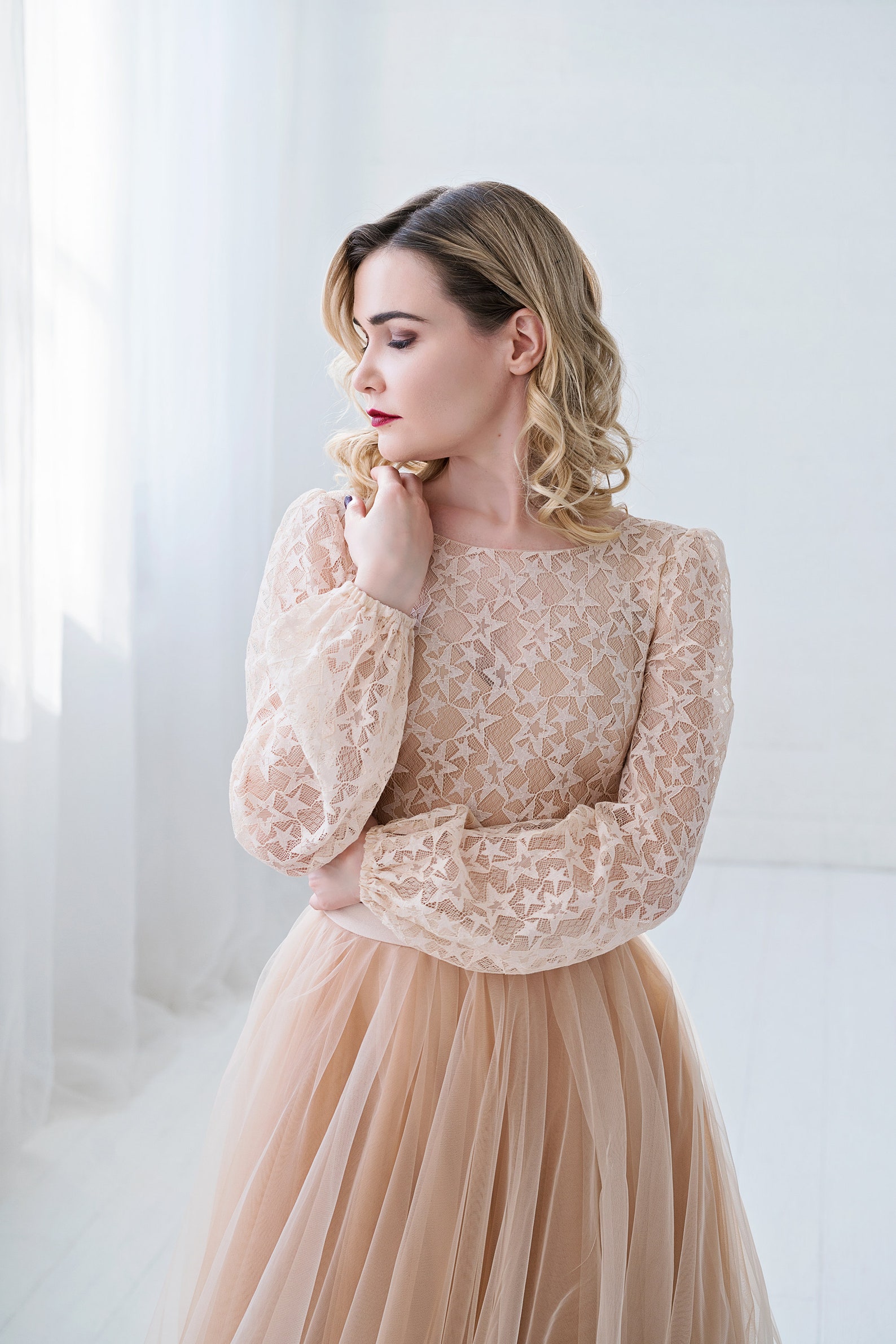 Soraya - Poet Sleeves Bodysuit / Open Back Bodysuit / Bow Back Bridal ...