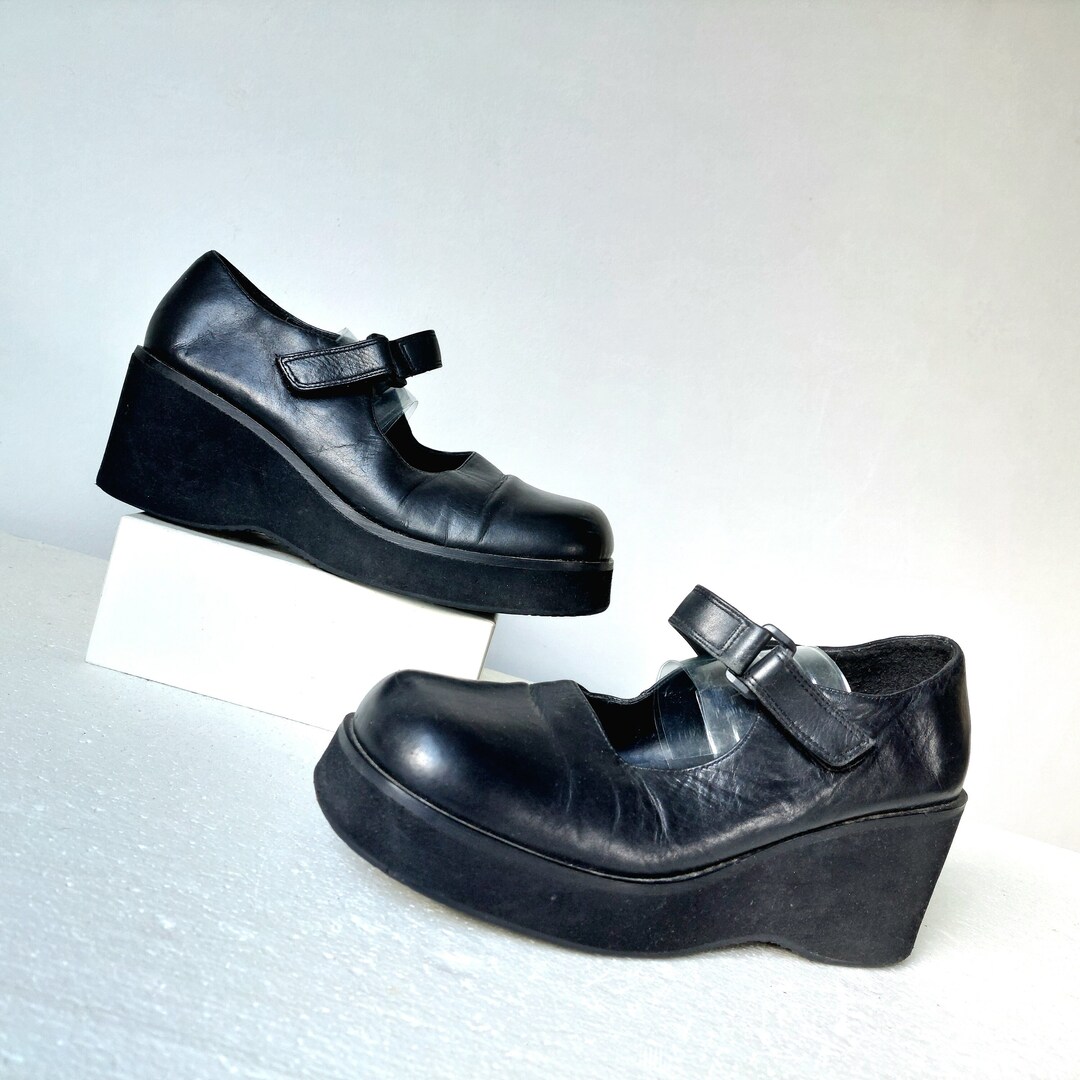 90s Y2K Monster Platform Black Leather Wedge Mary Janes Velcro Ankle ...