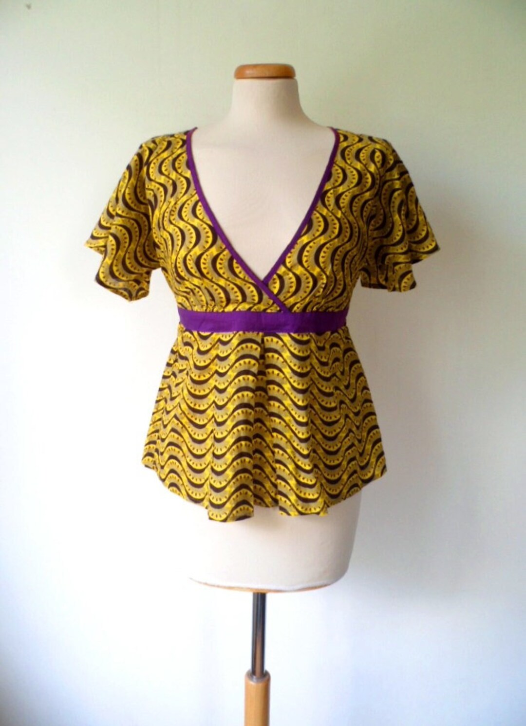 Y2K French Designer ANTIK BATIK Yellow Tribal Abstract Graphic Print ...