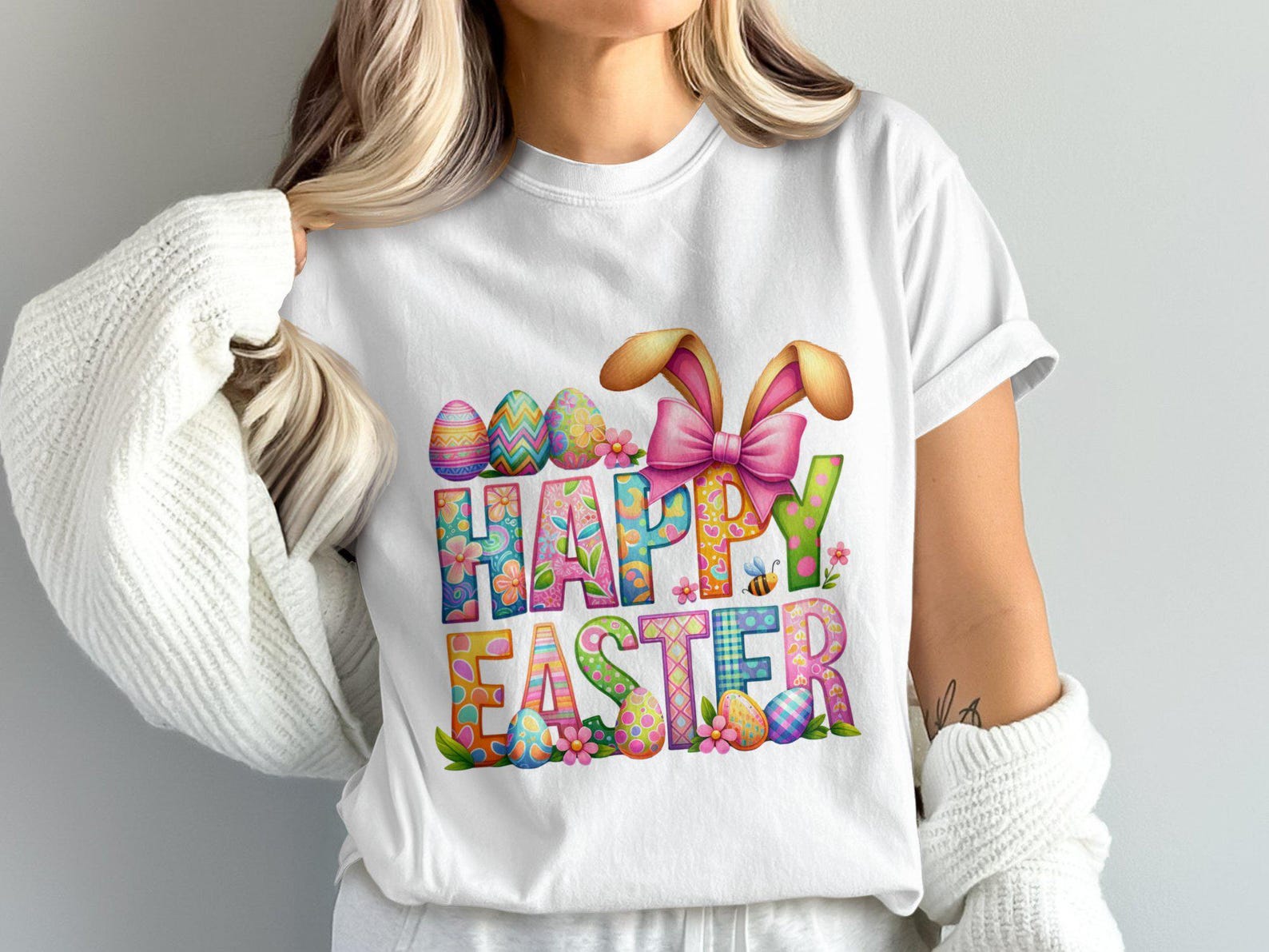 Happy Easter PNG Clipart, Cute Bunny Ears With Bow, Colorful Eggs and ...