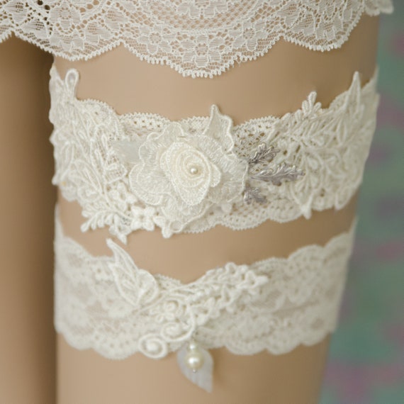 Lace Ivory Bridal Garter Ivory Flower Garter Ivory Wedding Etsy