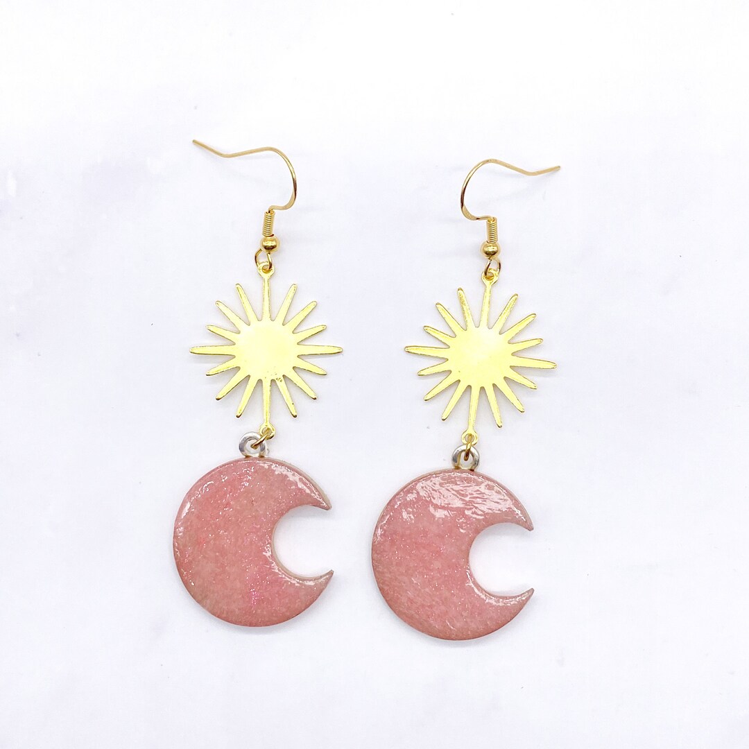 Crescent Moon and Sun Dangle Wire Hook Earrings. Pastel Pink ...