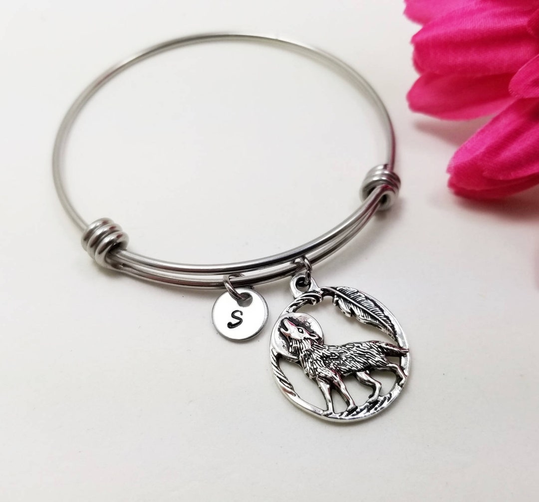 Wolf Bangle, Wolf Bracelet, Initial Bracelet, Personalized Bracelet ...