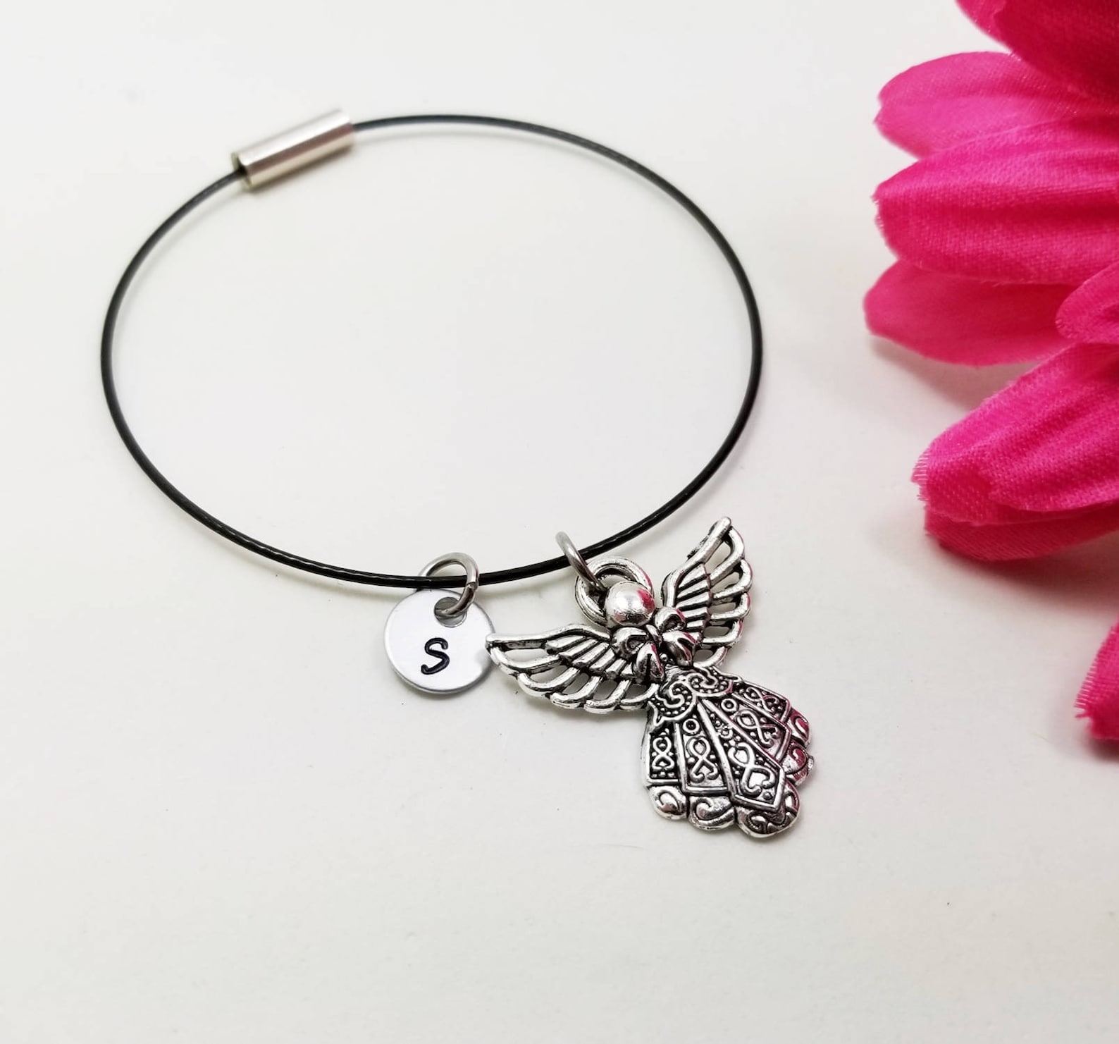 Angel Bangle, Guardian Angel Bracelet, Initial Bracelet, Personalized ...