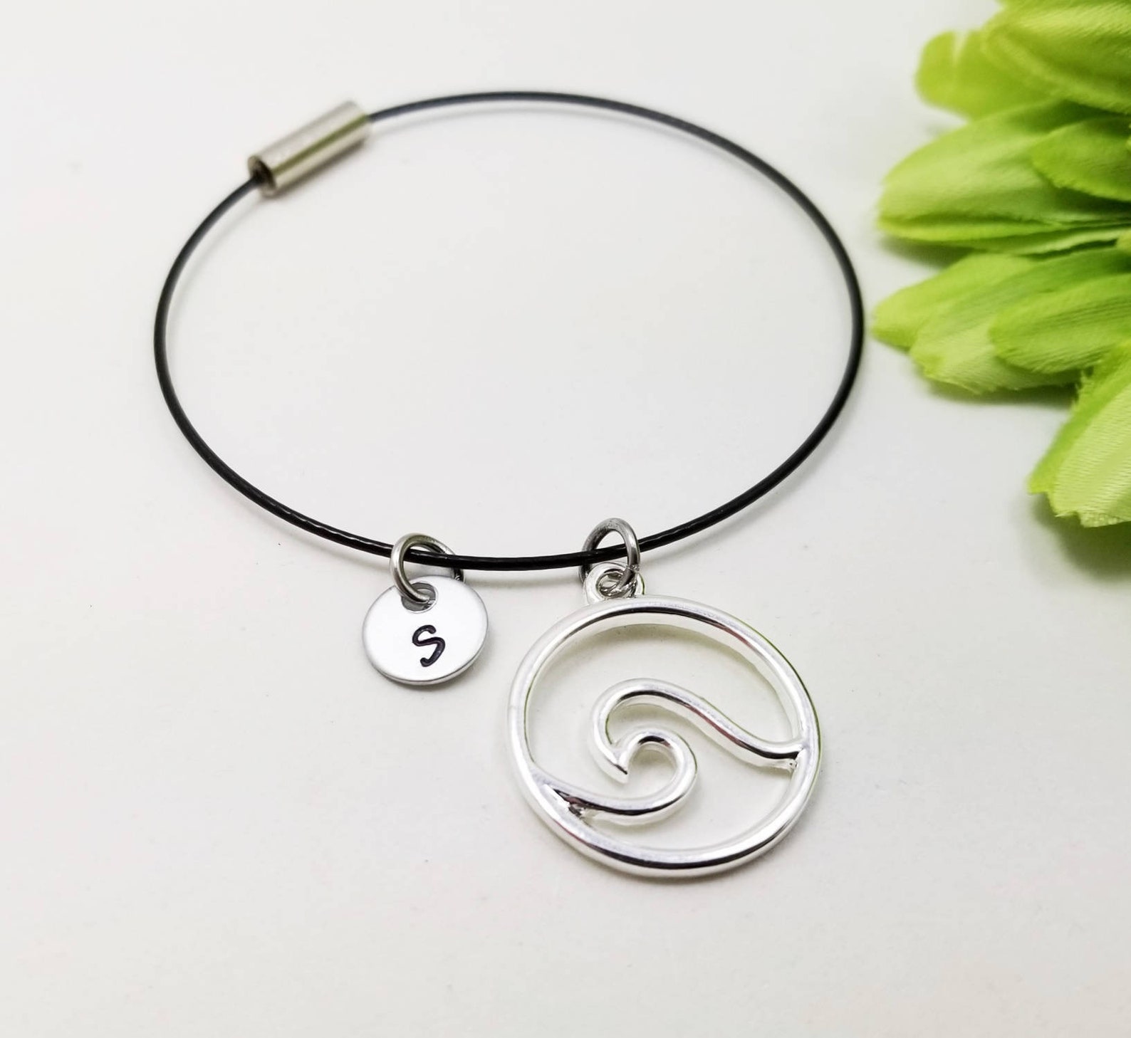 Ocean Wave Bangle, Wave Bracelet, Initial Bracelet, Personalized ...