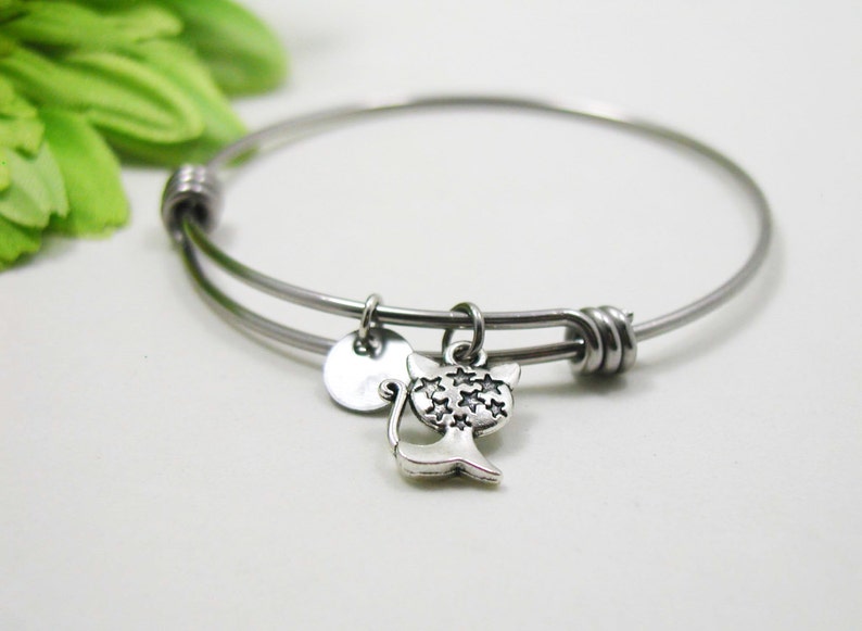 Cat Bracelet Bangle Cat Jewelry Initial Charm Charm | Etsy