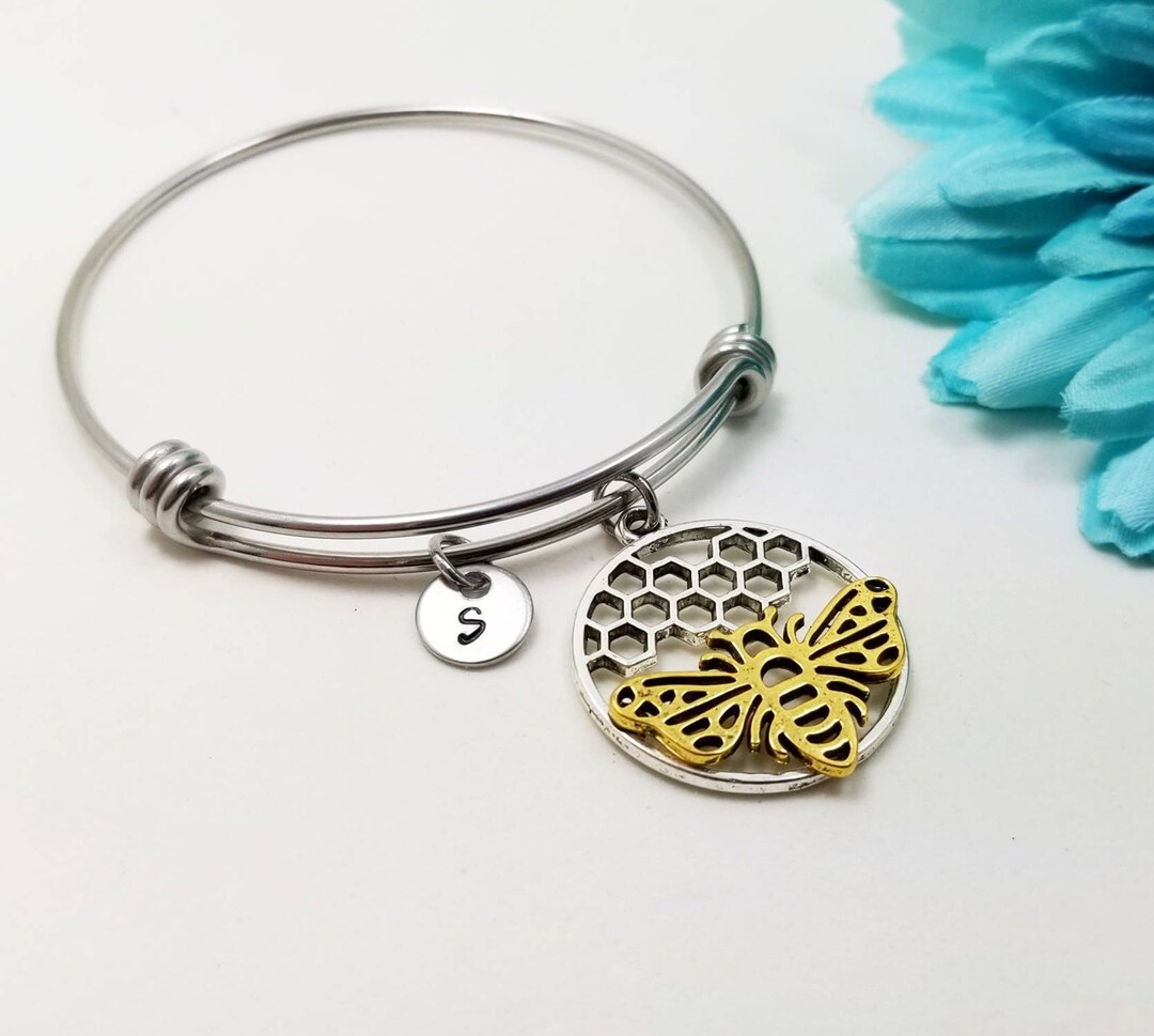 Bee Bangle, Bee Bracelet Gift, Initial Bracelet, Personalized Bracelet ...