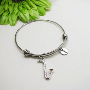 Saxophone Bracelet, Silver Saxophone Bracelet, Initial Charm, Charm ...