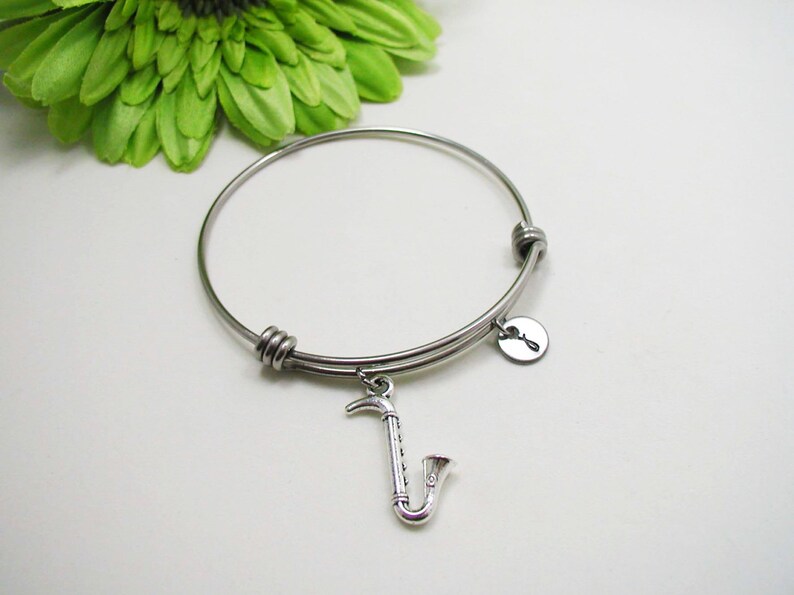 Saxophone Bracelet, Silver Saxophone Bracelet, Initial Charm, Charm ...