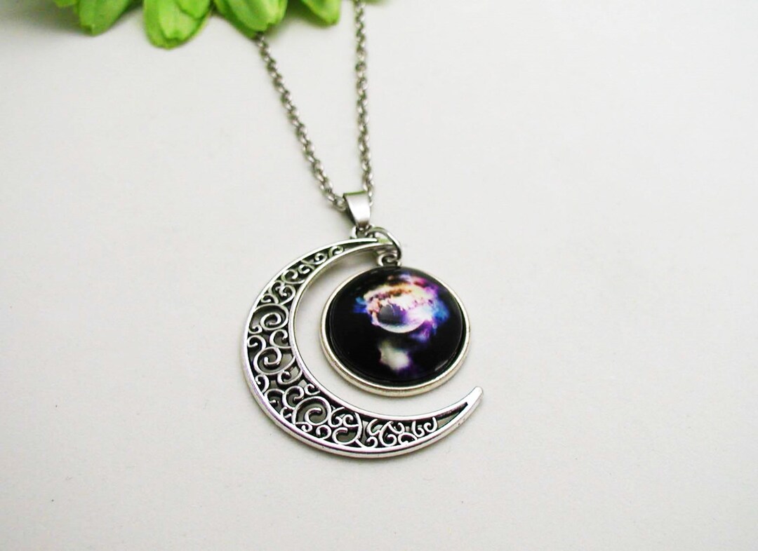 Silver Galaxy Necklace, Half Moon Necklace, Nebula Necklace, Solar ...