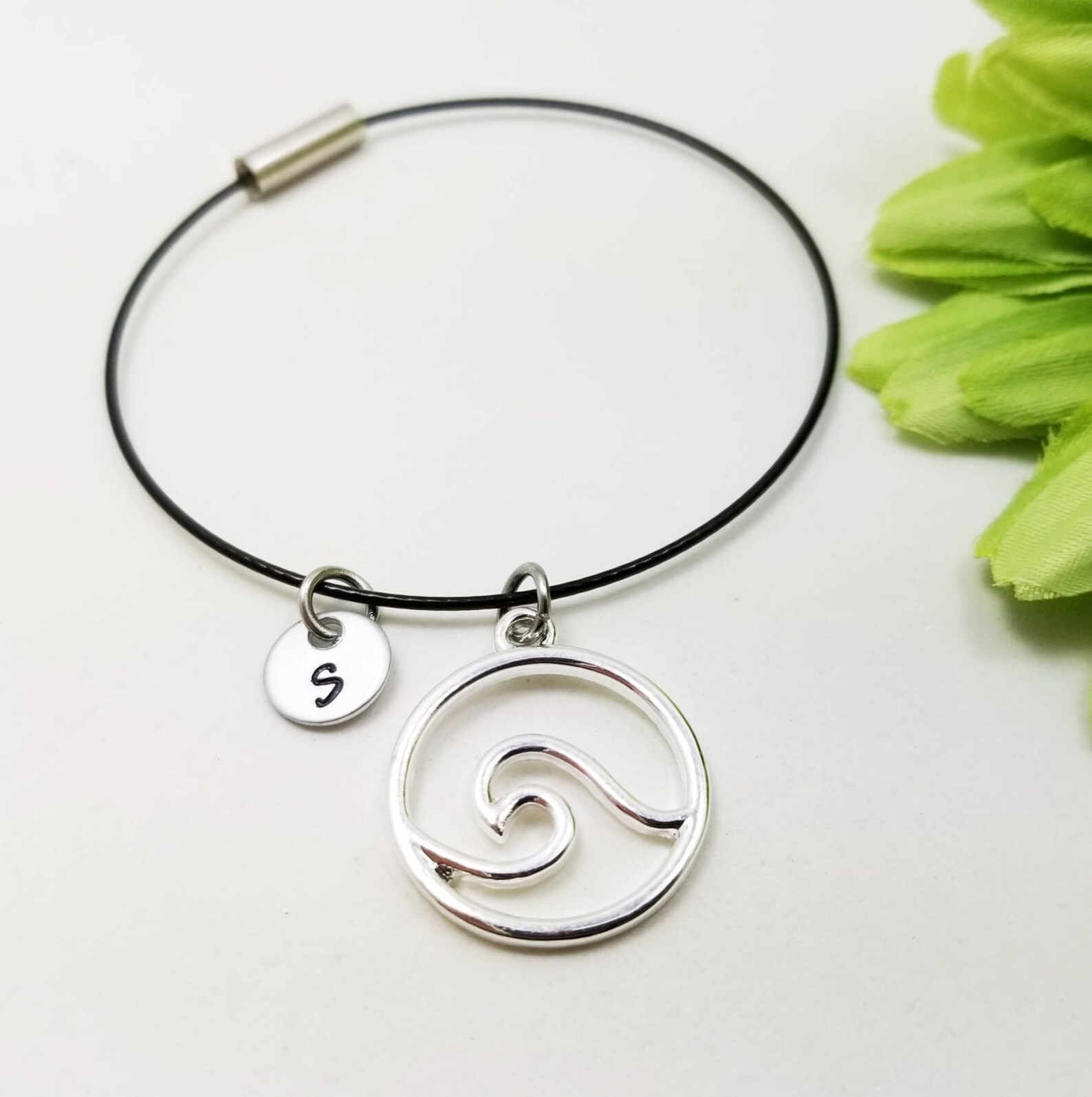 Ocean Wave Bangle, Wave Bracelet, Initial Bracelet, Personalized ...