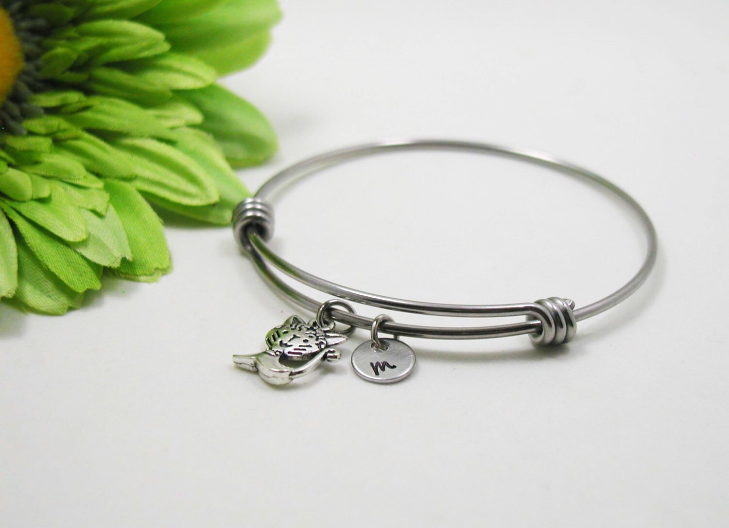 Cat Bracelet Bangle Cat Jewelry Initial Charm Charm | Etsy