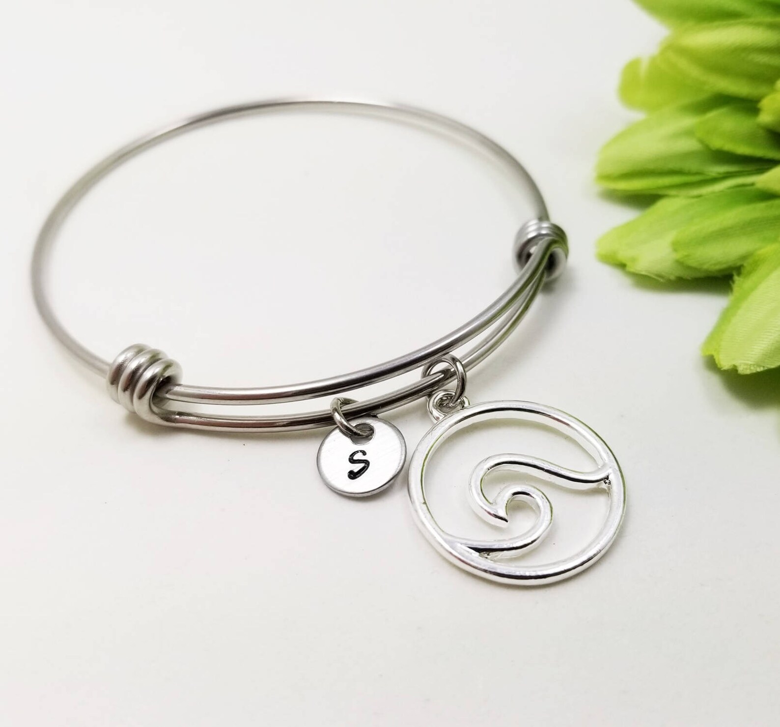 Wave Bangle Ocean Wave Bracelet Initial Bracelet - Etsy