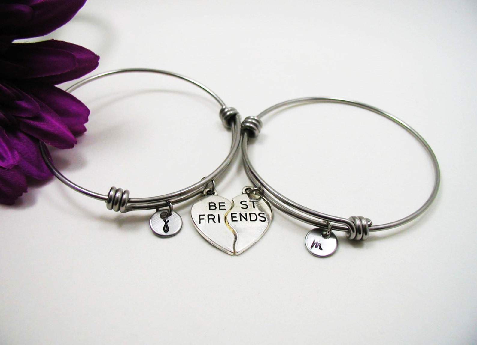 Best Friends Bracelet Bangle Best Friend Heart Charm | Etsy