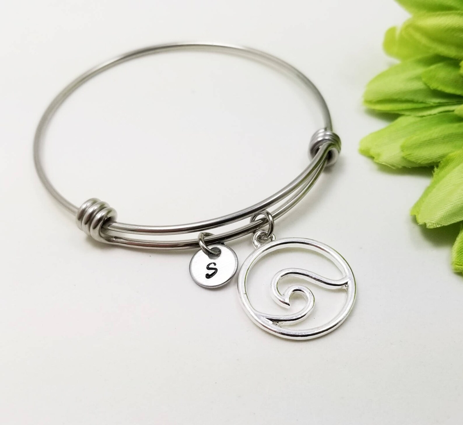 Wave Bangle, Ocean Wave Bracelet, Initial Bracelet, Personalized ...