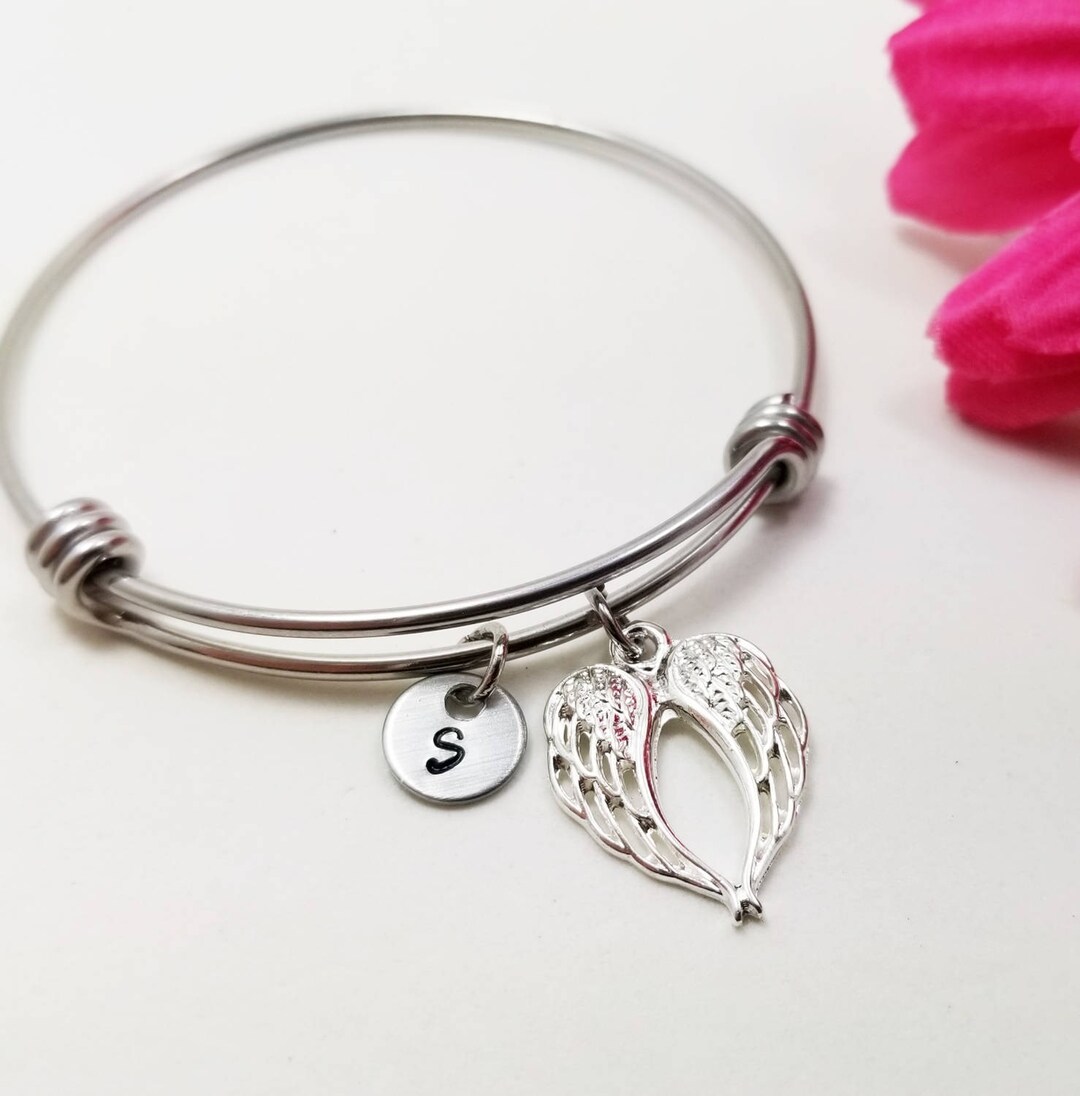 Angel Wing Bracelet, Angel Wing Bangle, Initial Charm Gift, Charm ...