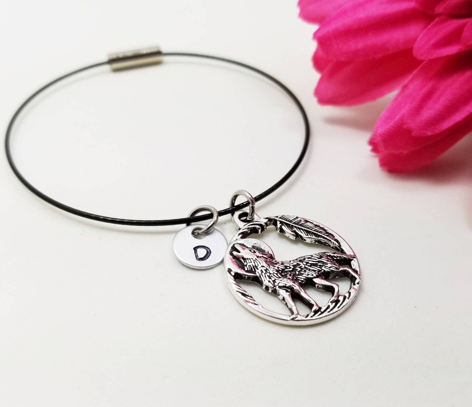 Wolf Bangle Wolf Bracelet Initial Bracelet Personalized - Etsy