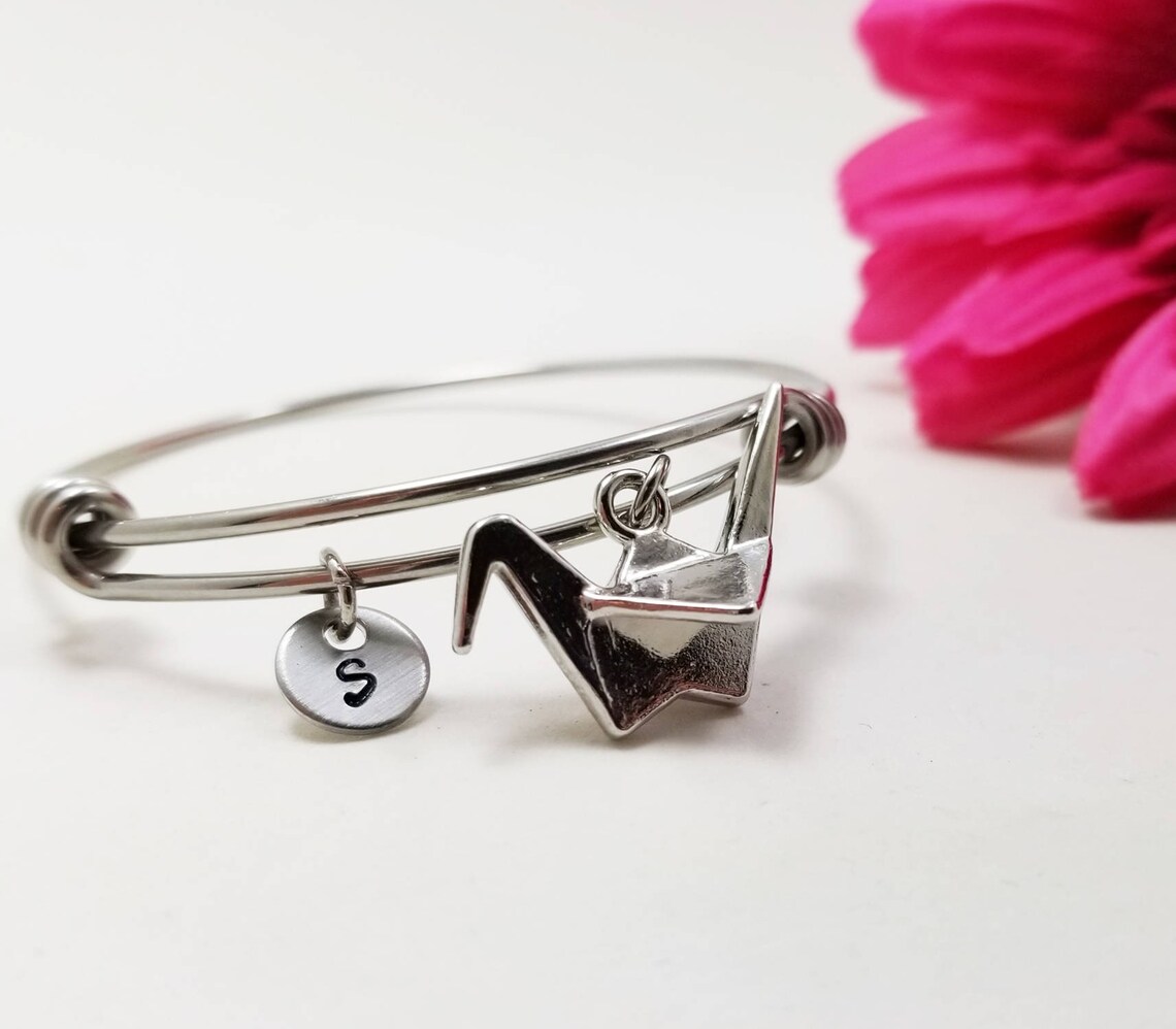 Origami Bangle, Paper Crane Bracelet, Initial Bracelet, Personalized ...