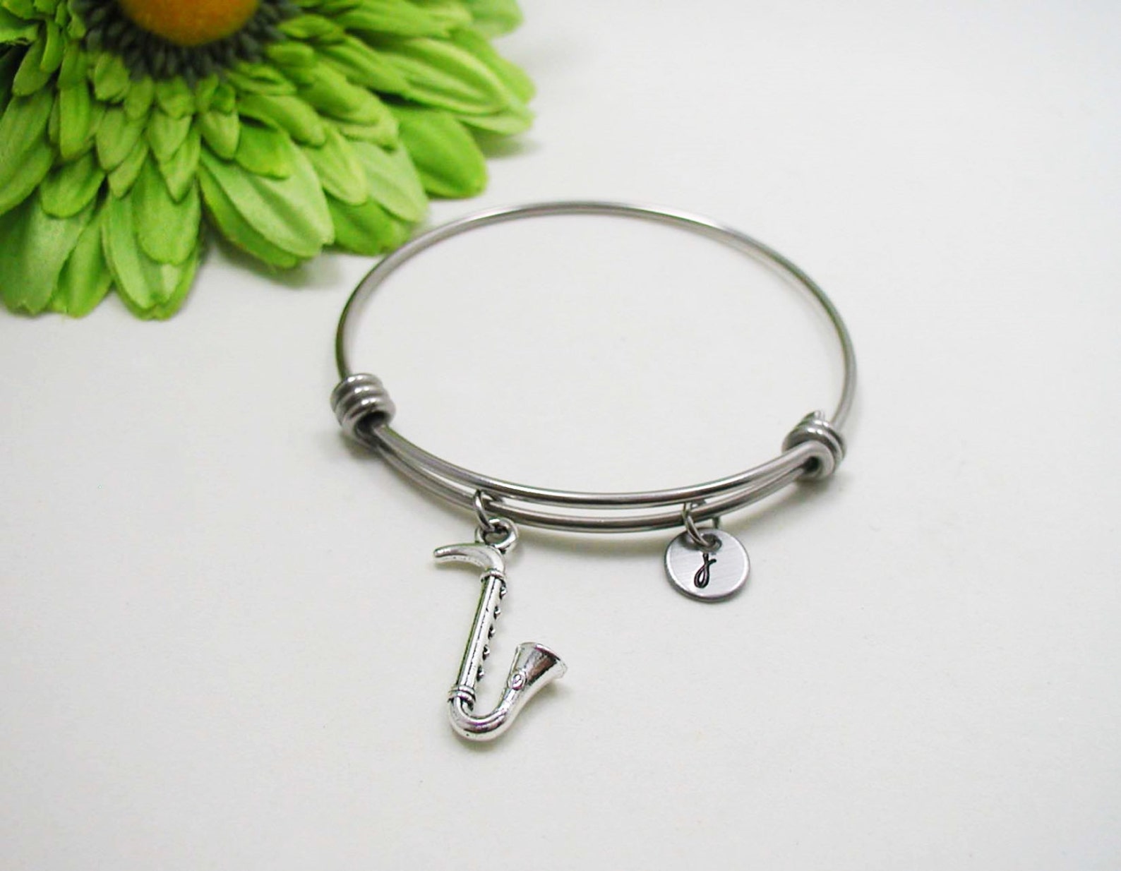 Saxophone Bracelet, Silver Saxophone Bracelet, Initial Charm, Charm ...
