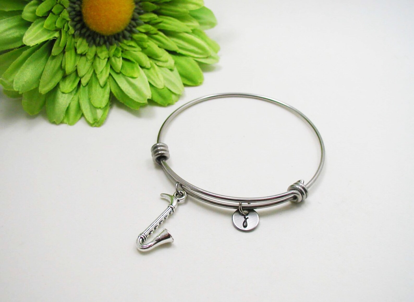 Saxophone Bracelet, Silver Saxophone Bracelet, Initial Charm, Charm ...