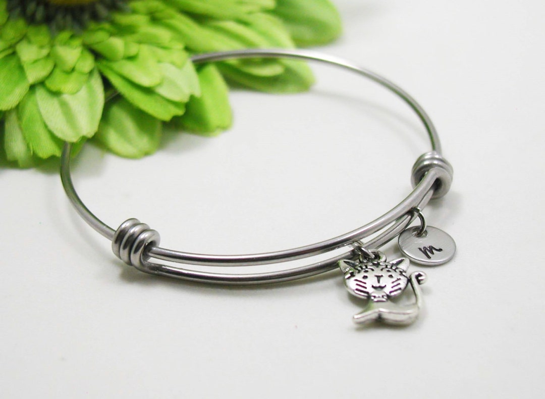 Cat Bracelet Bangle Cat Jewelry Initial Charm Charm - Etsy