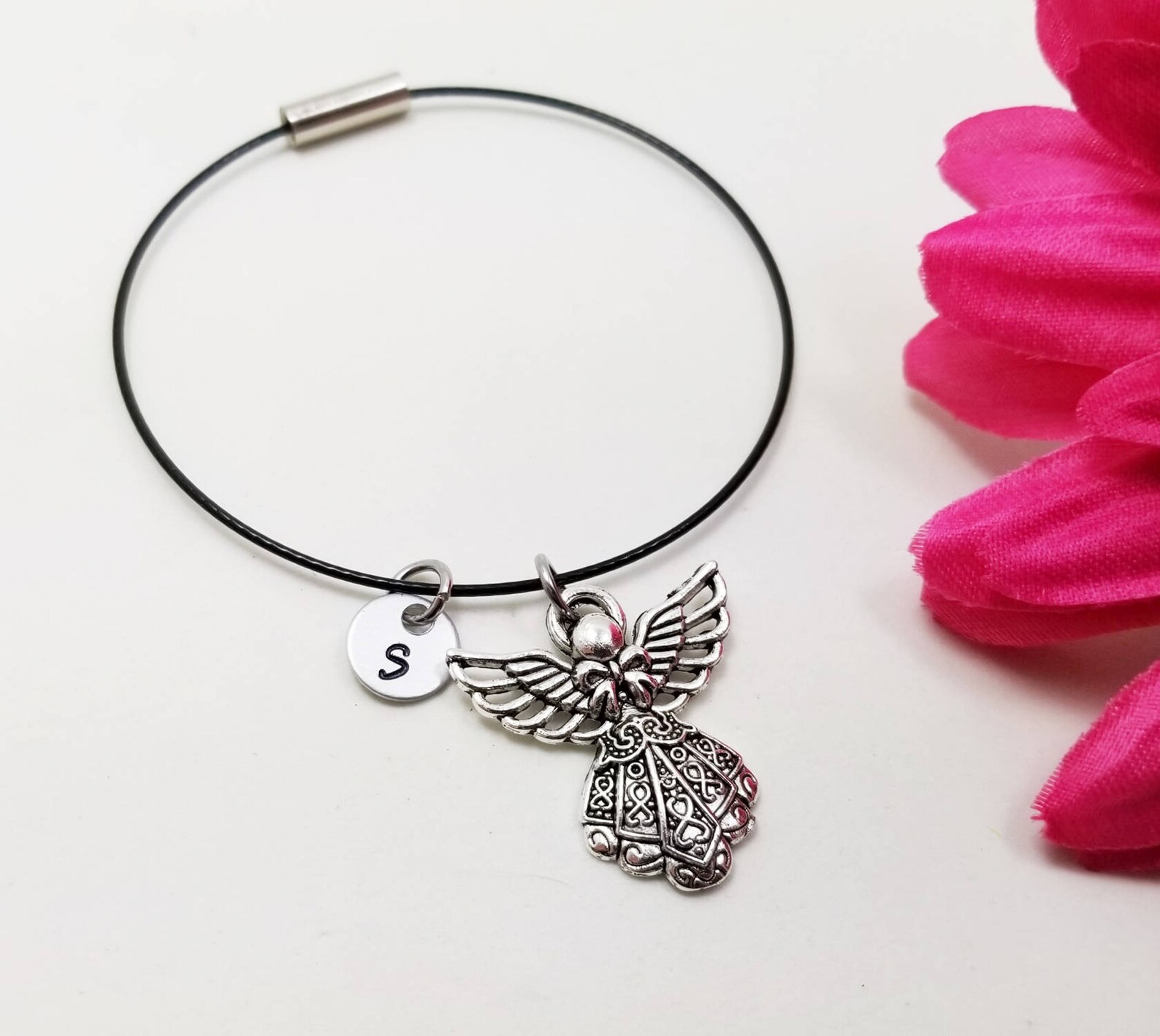 Angel Bangle, Guardian Angel Bracelet, Initial Bracelet, Personalized ...